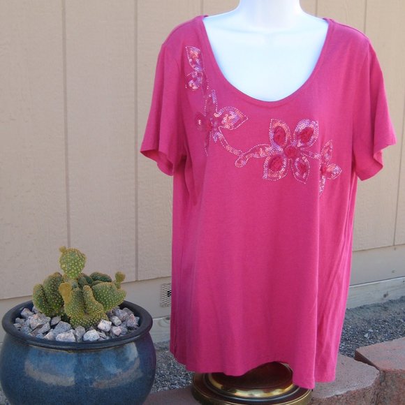 PoPori | Tops | Po Pori Hand Embellished Tee Bright Pink Short Sleeves ...